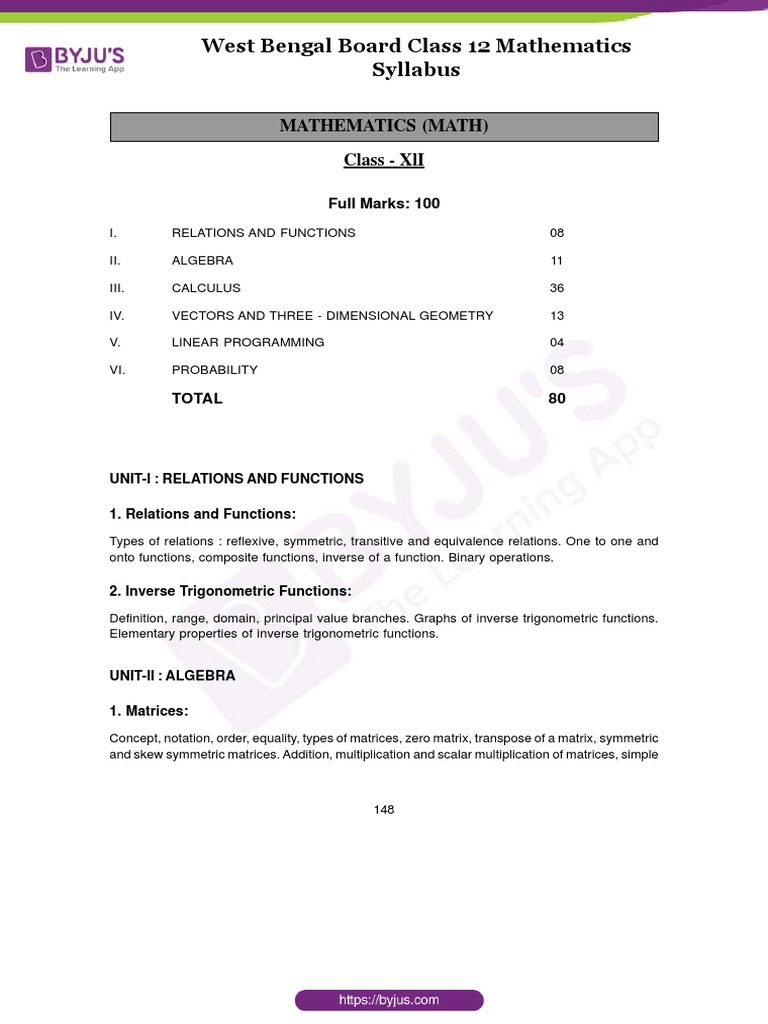 West Bengal Board Class 12 Mathematics Syllabus | PDF | Matrix ...