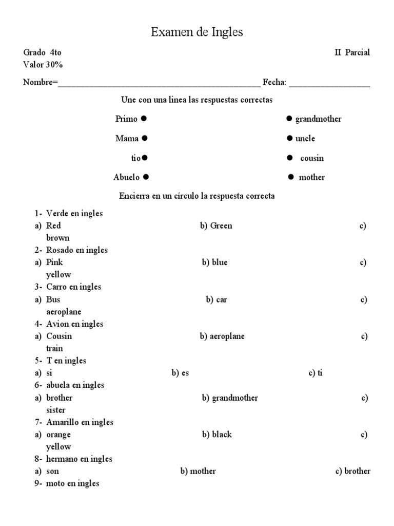Examen Diagnóstico de Inglés 4to Grado | PDF