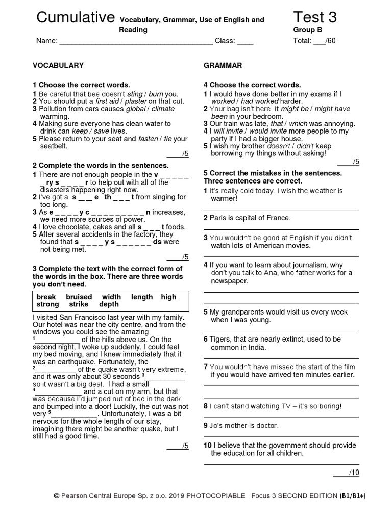 Focus3 2E Cumulative Test 3 Units1-6 GroupB | PDF | Language Arts ...
