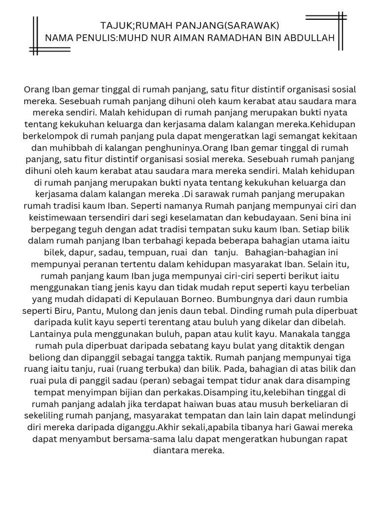 Tajuk Rumah Panjang (Sarawak) : Nama Penulis:Muhd Nur Aiman Ramadhan Bin Abdullah | PDF