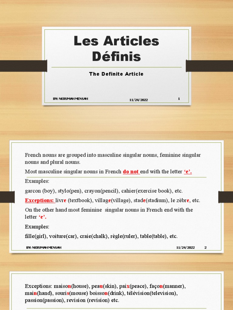 Les Articles Définis_Y6 | PDF | Grammatical Gender | Noun