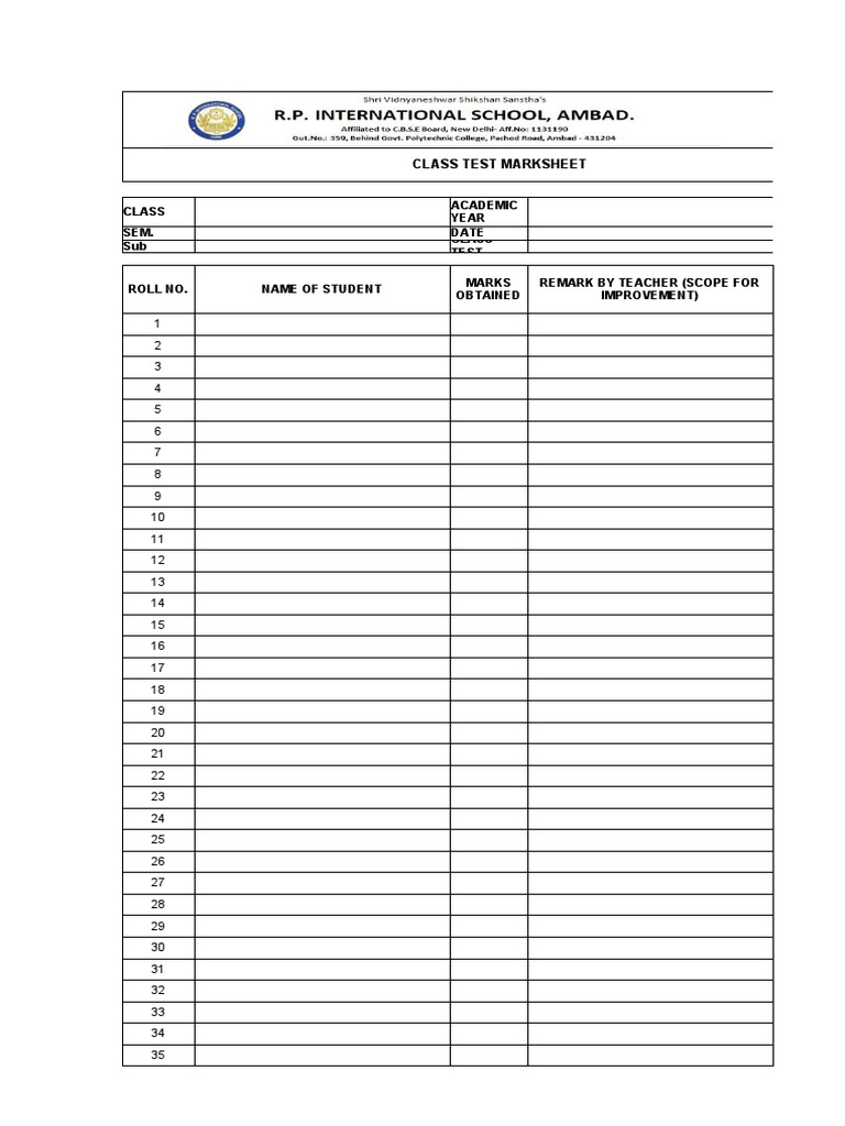 4 - Class Test Marksheet | PDF