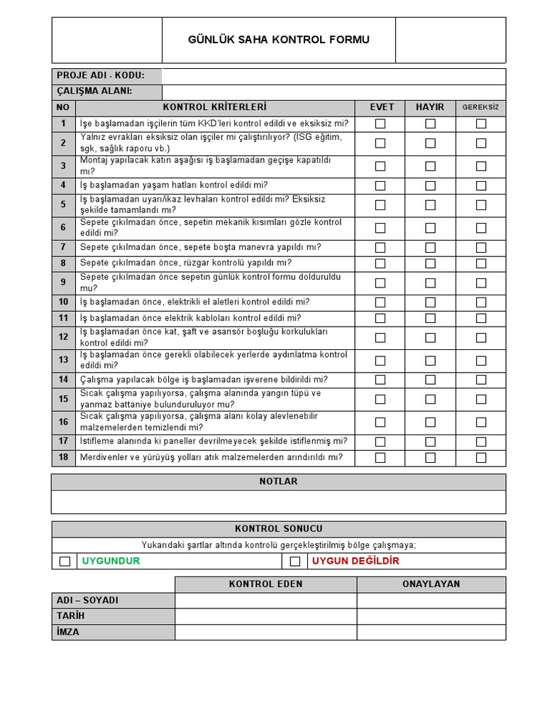 Günlük Saha Kontrol Formu | PDF