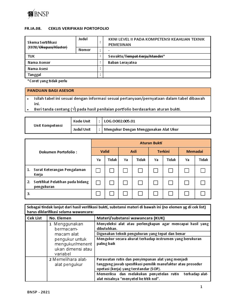 FR. IA. 08 Ceklis Verifikasi Portofolio | PDF