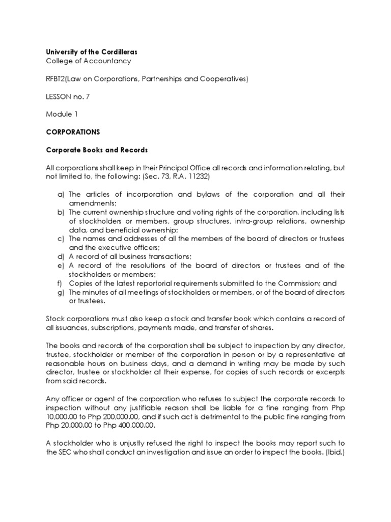 RFBT 2 Module 1 Corporations Lesson 7 | PDF | Corporations | Board Of Directors