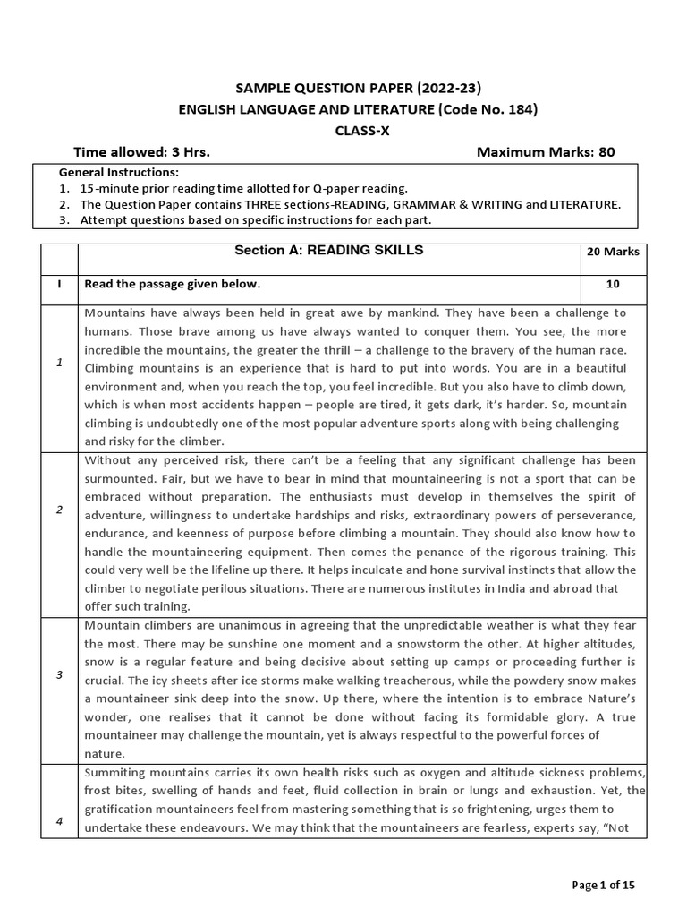 Sample Question Paper (2022-23) English Language and Literature (Code ...