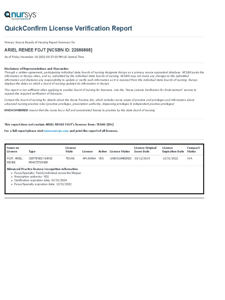 Nursys QuickConfirm License Verification Report 2022-11-18 | PDF