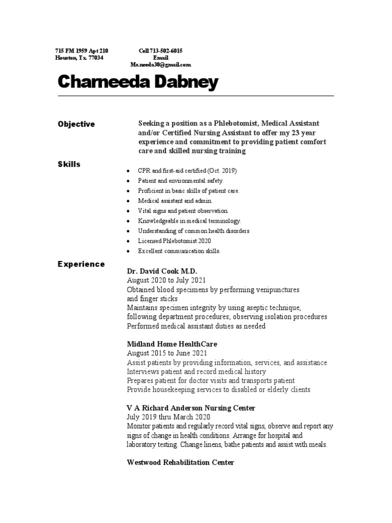 Resume Char Need a Dabney | PDF | Nursing | Patient