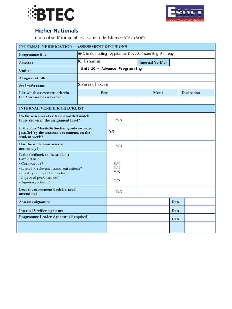 BTEC HND Computing Assessment Verification | PDF