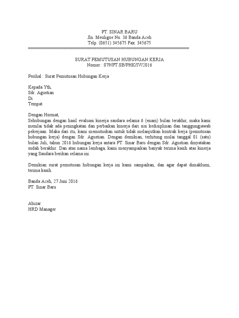 Contoh Surat PHK | PDF | Karier & Perkembangan | Bisnis