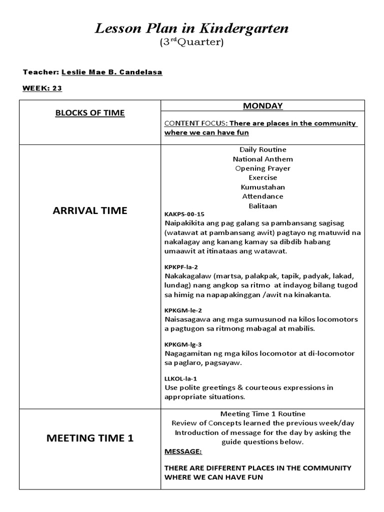 Kindergarten Lesson Plan: Week 23 | PDF | Lesson Plan