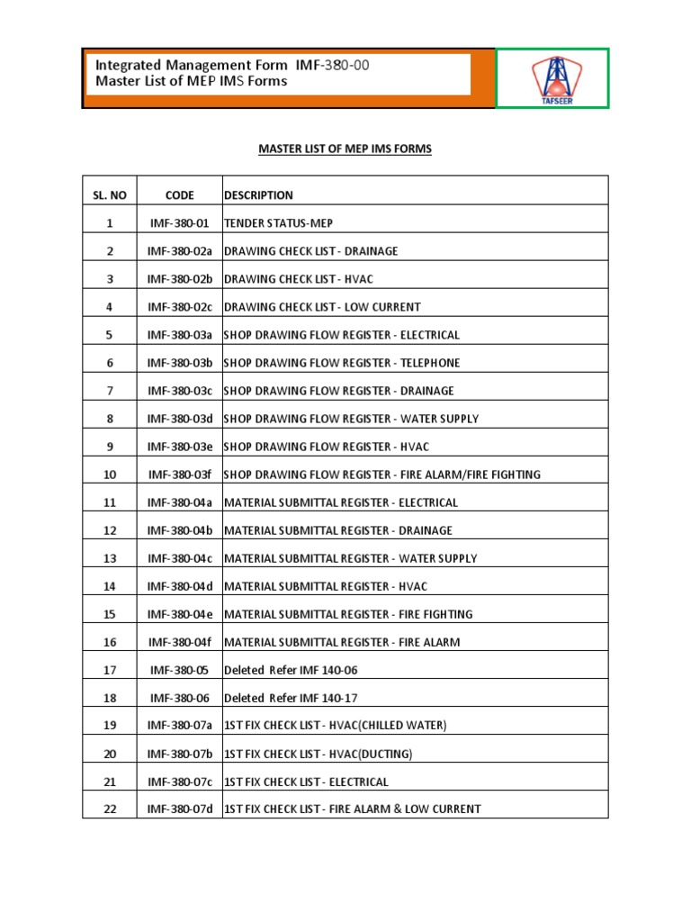 Comprehensive MEP IMS Forms List | PDF | Building Technology | Architecture