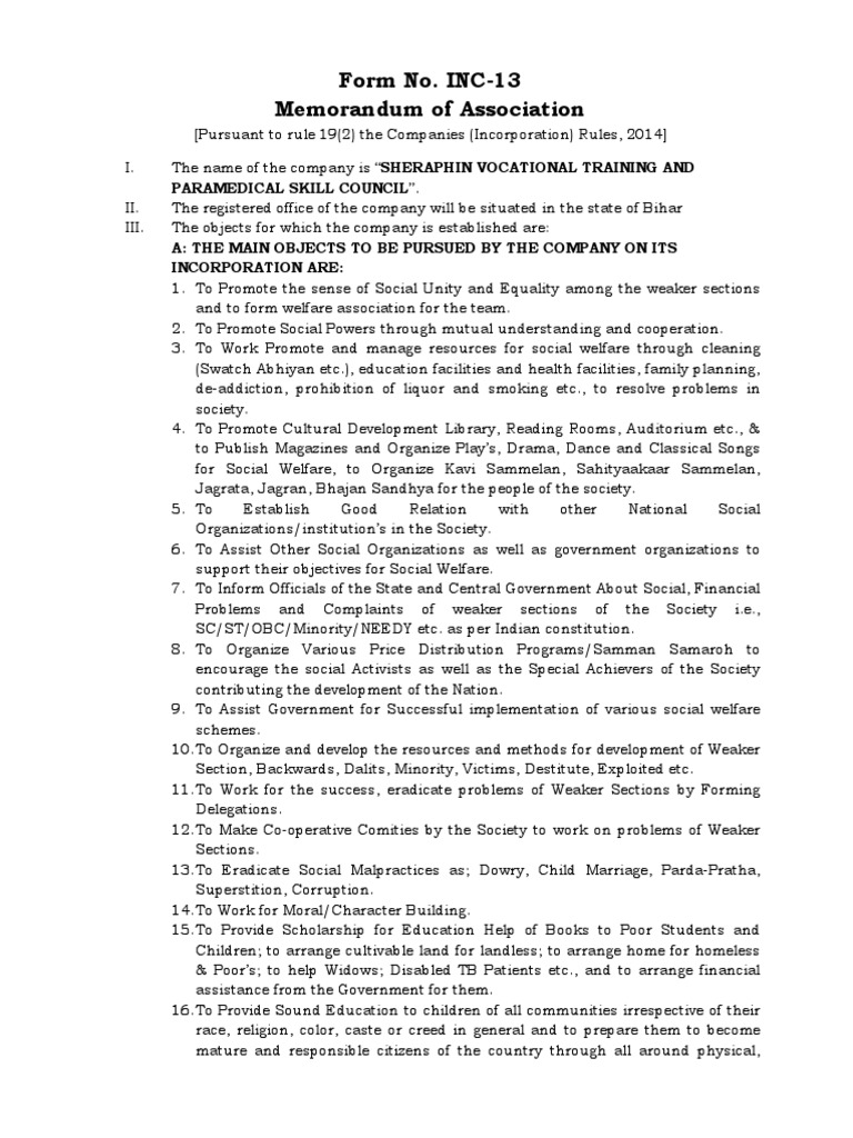 Form No. INC-13 Memorandum of Association | PDF | Welfare | Poverty