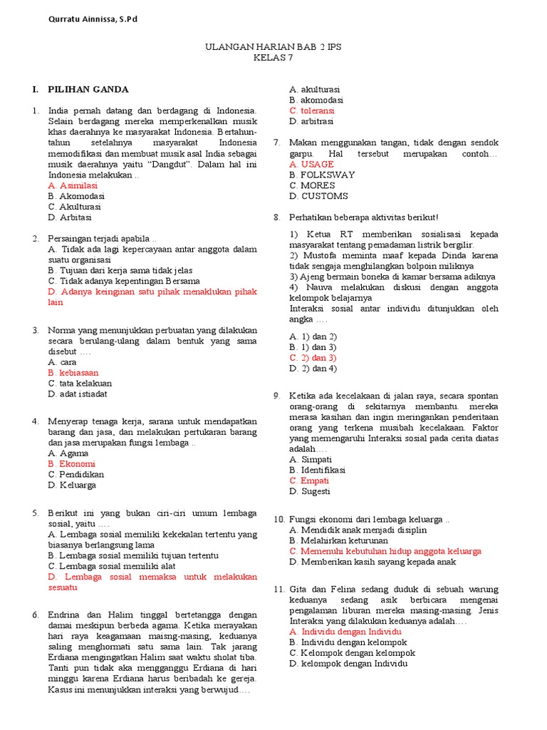 Soal Uh Ips Bab 2 Kelas 7 | PDF