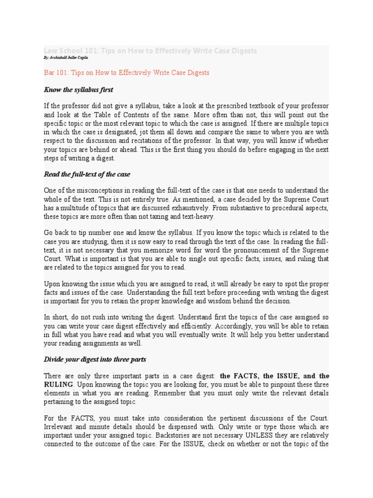 Bar 101 - Tips On How To Effectively Write Case Digests | Download Free ...