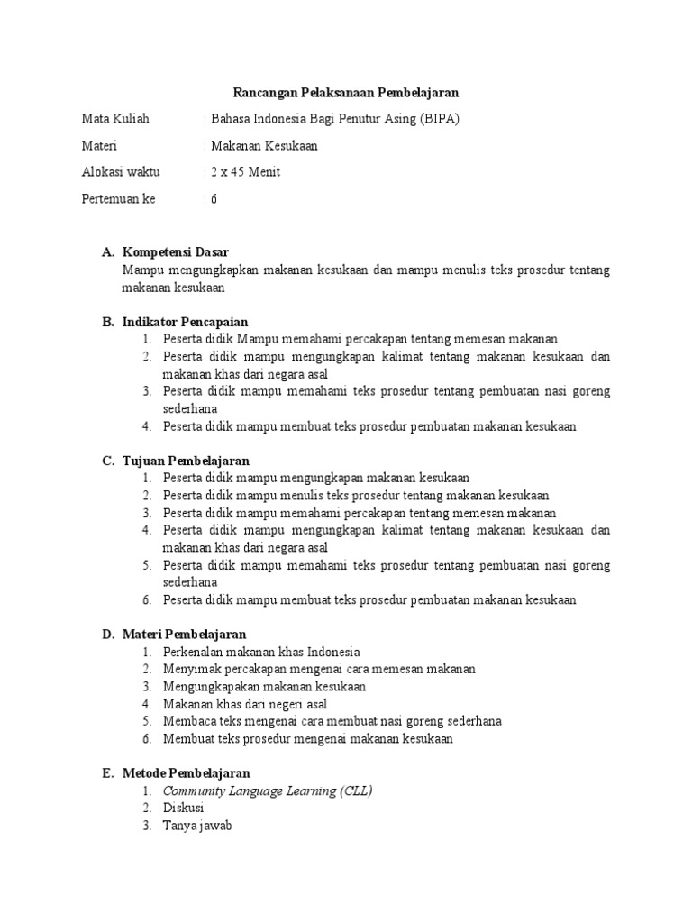 RPP BIPA Kel 6 | PDF | Karier & Perkembangan | Kajian Bahasa Asing