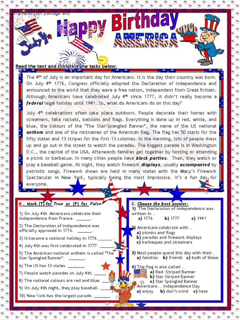 July 4th Happy Birthday America Fun Activities Games Reading ...
