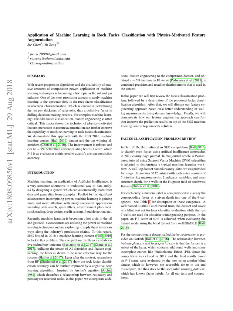 Application of Machine Learning in Rock Facies Classification With Physics-Motivated Feature ...