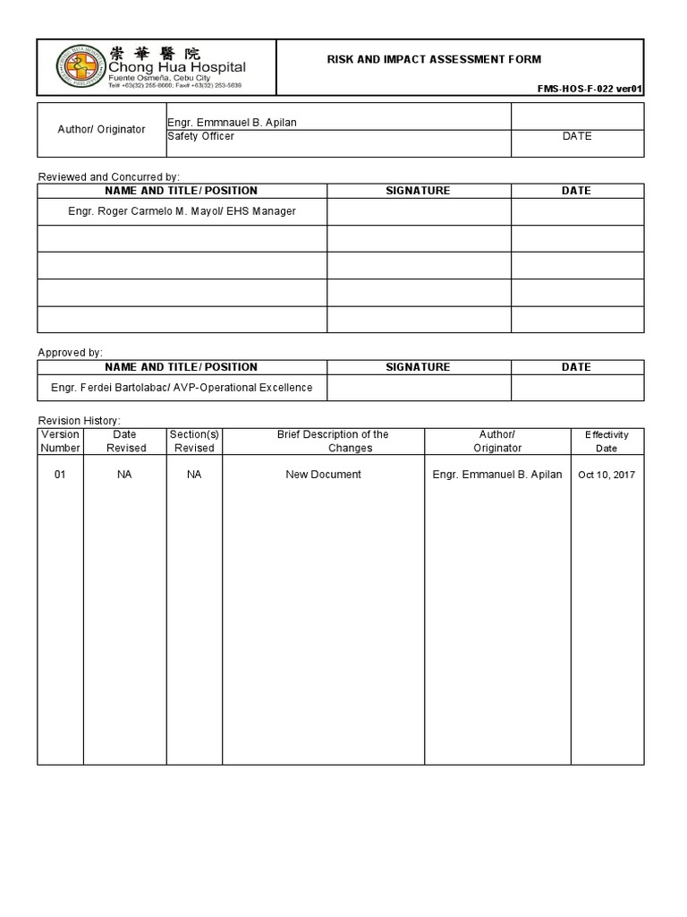 01 FMS-HOS-F-022 Ver01 Risk and Impact Assessment Form | Download Free ...
