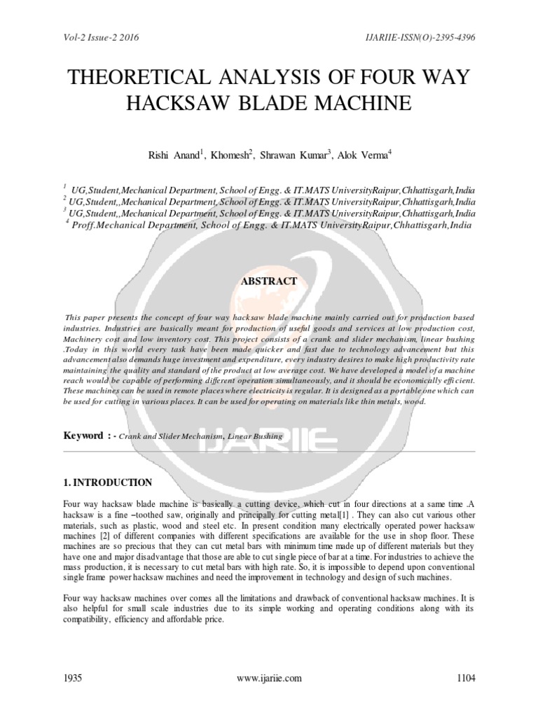 THEORETICAL ANALYSIS OF FOUR WAY HACKSAW BLADE MACHINE Ijariie1935 | PDF | Mechanical ...