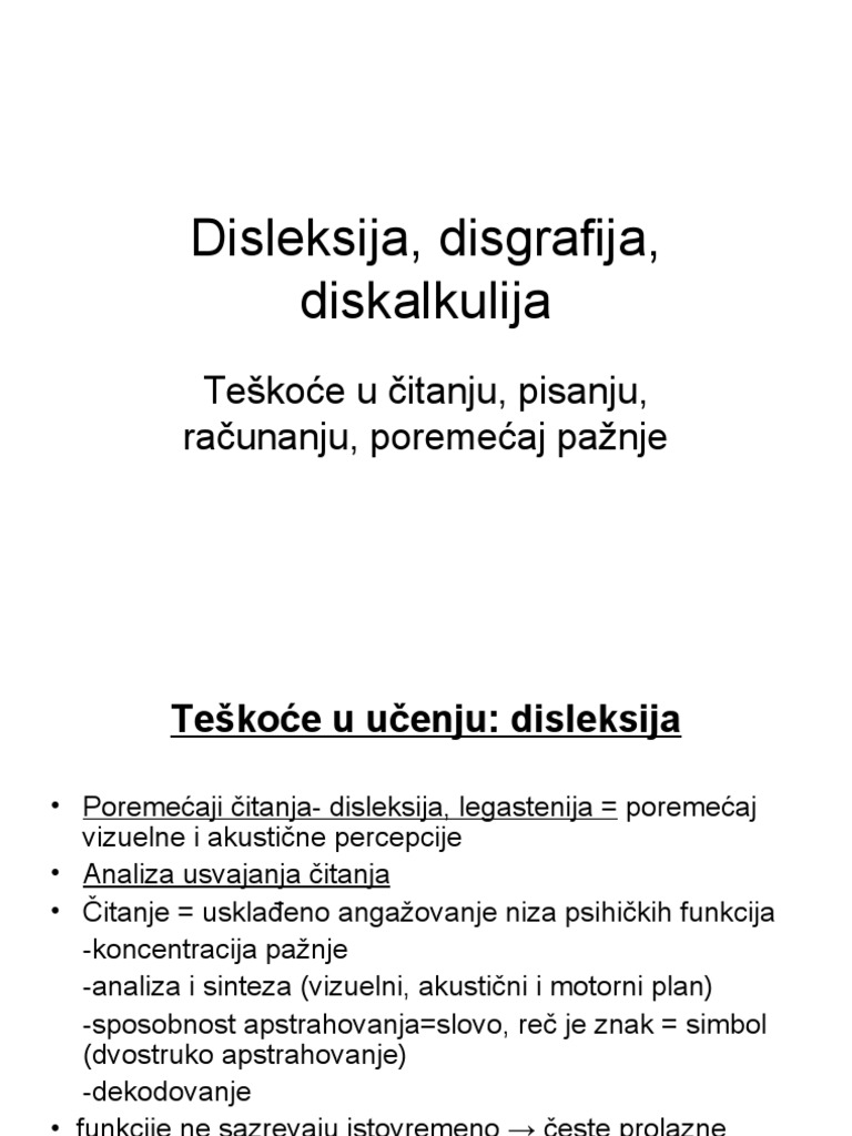 2 PEDAGOŠKA PSIHOLOGIJA Disleksija, Disgrafija, Diskalkulija | PDF