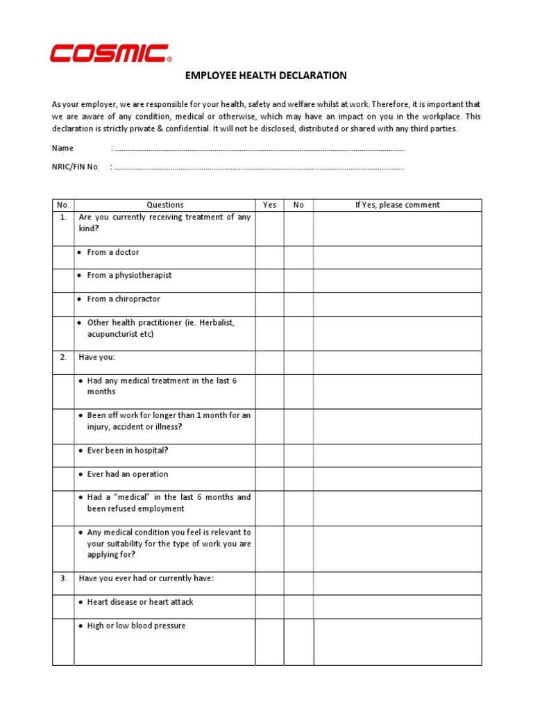 Health Declaration Form | PDF | Dermatitis | Employment