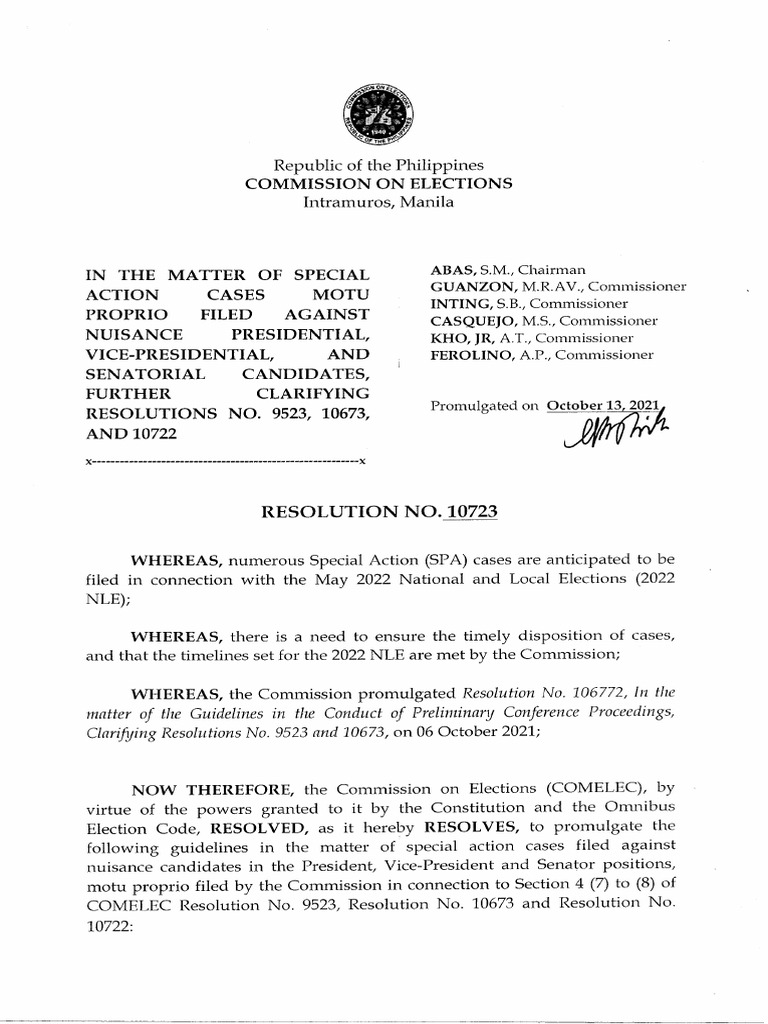 COMELEC Resolution 10723 (2022) | PDF