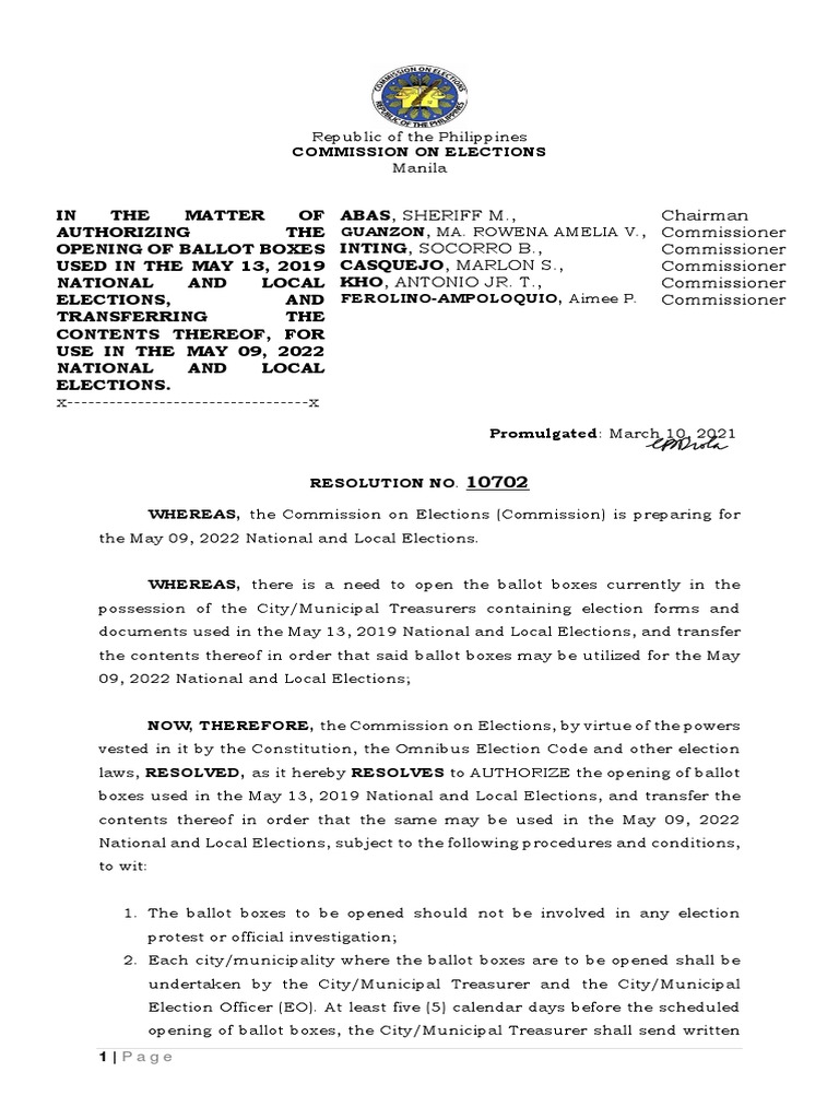 COMELEC Resolution 10702 (2022) | PDF