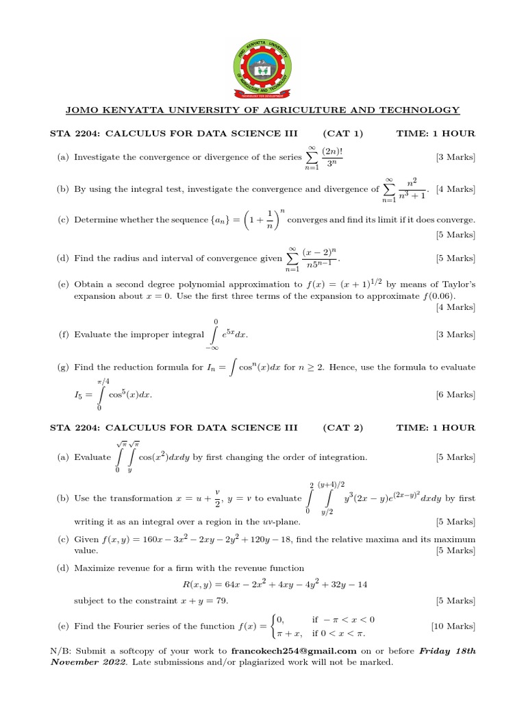Cat 1&2 - Sta 2204 | PDF | Complex Analysis | Calculus