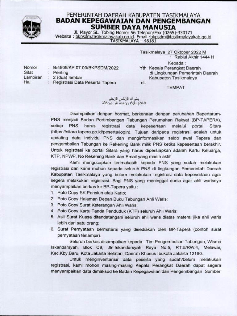 Surat Registrasi Tapera | PDF