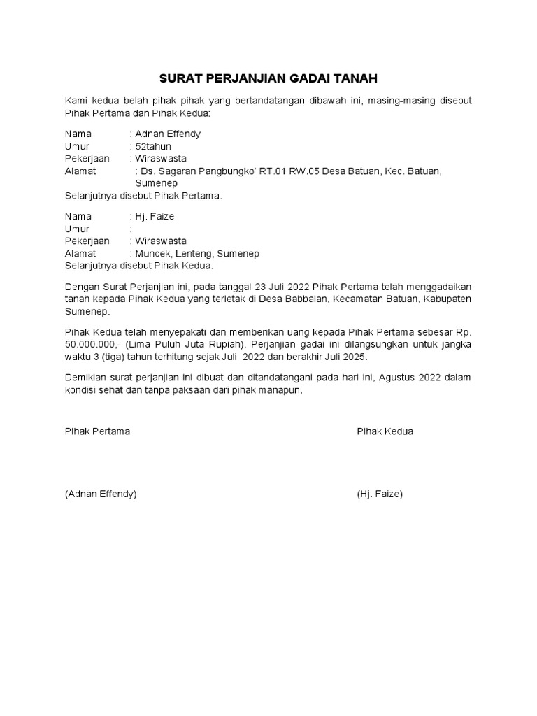 Surat Perjanjian Gadai Tanah | PDF