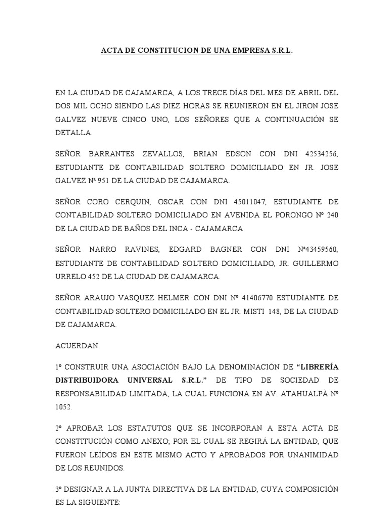 CONSTITUCIÓN DE LA SOCIEDAD COMERCIAL DE RESPONSABILIDAD LIMITADA "LIBRERÍA UNIVERSAL S.R.L ...