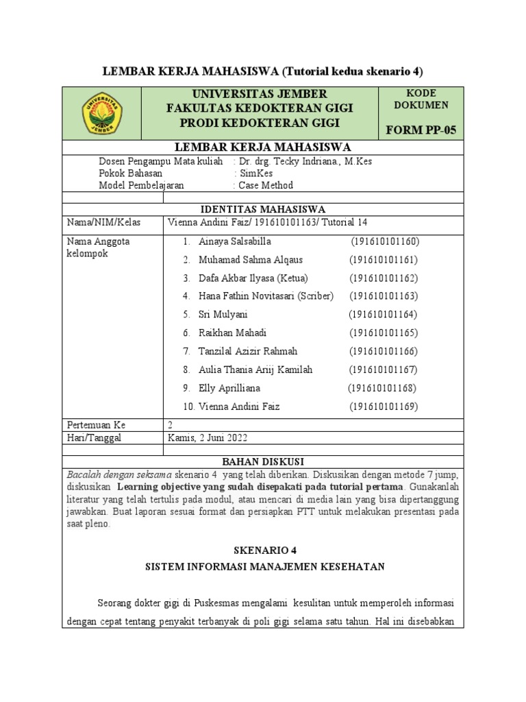 LEMBAR KERJA MAHASISWA (Tutorial Kedua-Skenario 4.simkes) Tutorial 14 | PDF