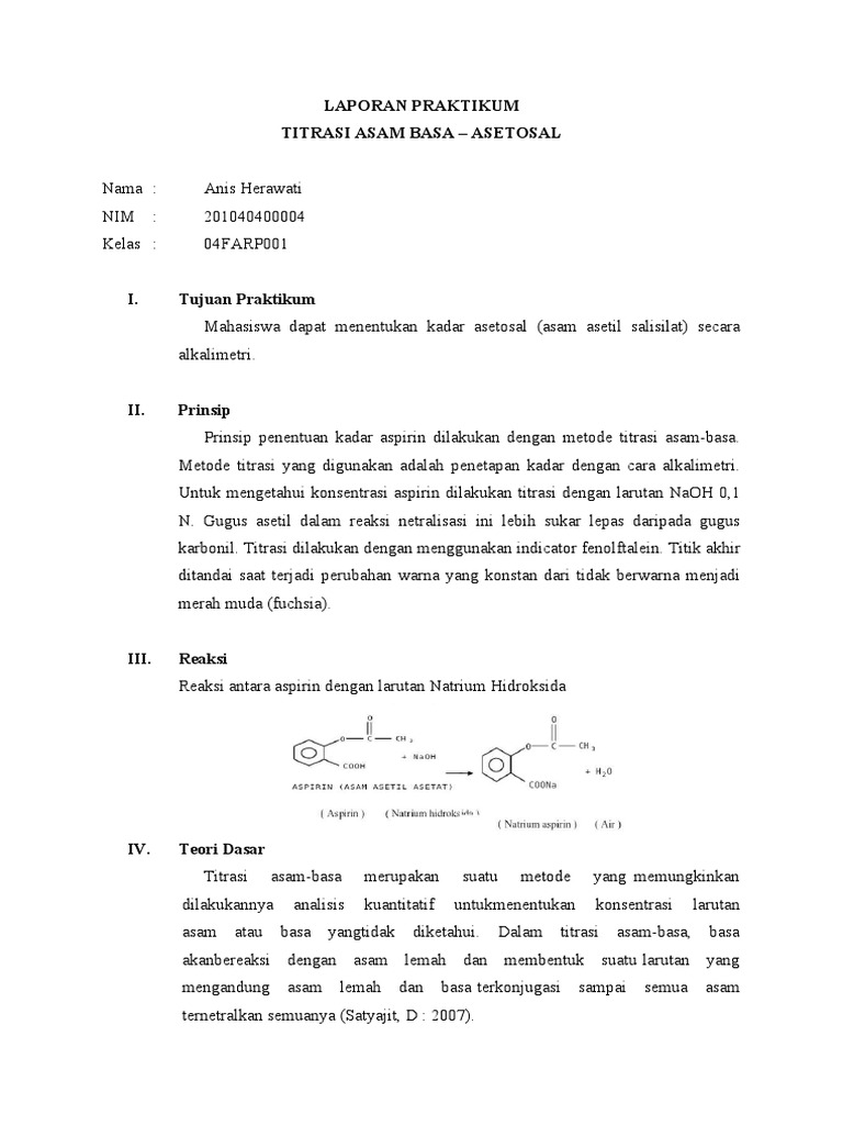 Laporan Praktikum Kimfar Asetosal | PDF