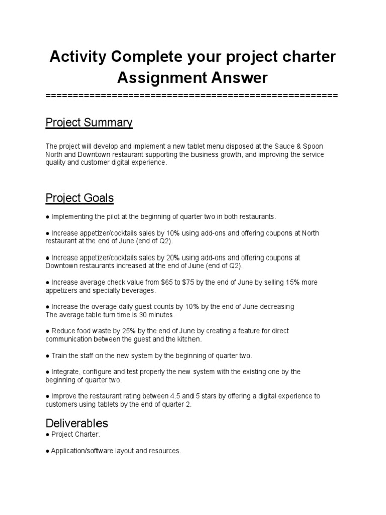 Activity Complete Your Project Charter Assignment Answer | PDF | Menu | Restaurants
