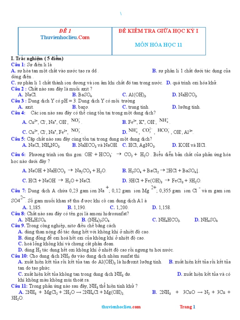 Bo de Kiem Tra Giua HK1 Hoa 11 Co Dap An | PDF