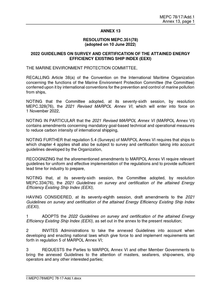 Eexi - MEPC 351 78 Add1 - Annex13 | PDF | Marine Propulsion | Verification And Validation