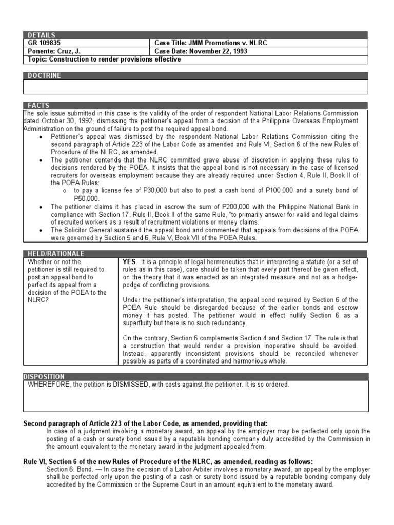 Case 59 - JMM Promotions v. NLRC | PDF | Appeal | Supersedeas Bond