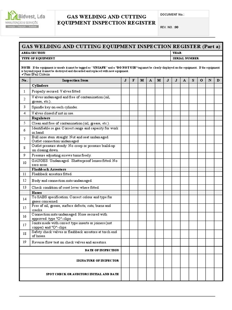 Gas Welding & Cutting Equipment Inspection Register | PDF