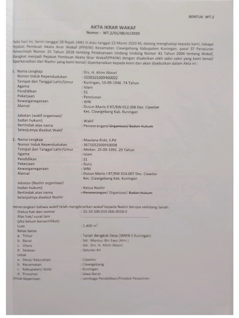 Contoh Akta Ikrar Wakaf | PDF