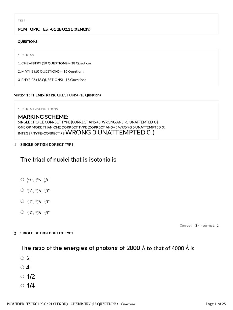 Chemistry, Maths and Physics Topic Test with Multiple Choice and ...