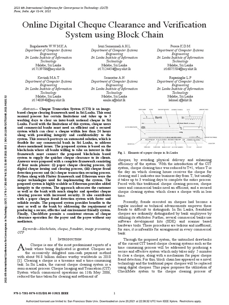 Online Digital Cheque Clearance and Verification System Using Block Chain | PDF