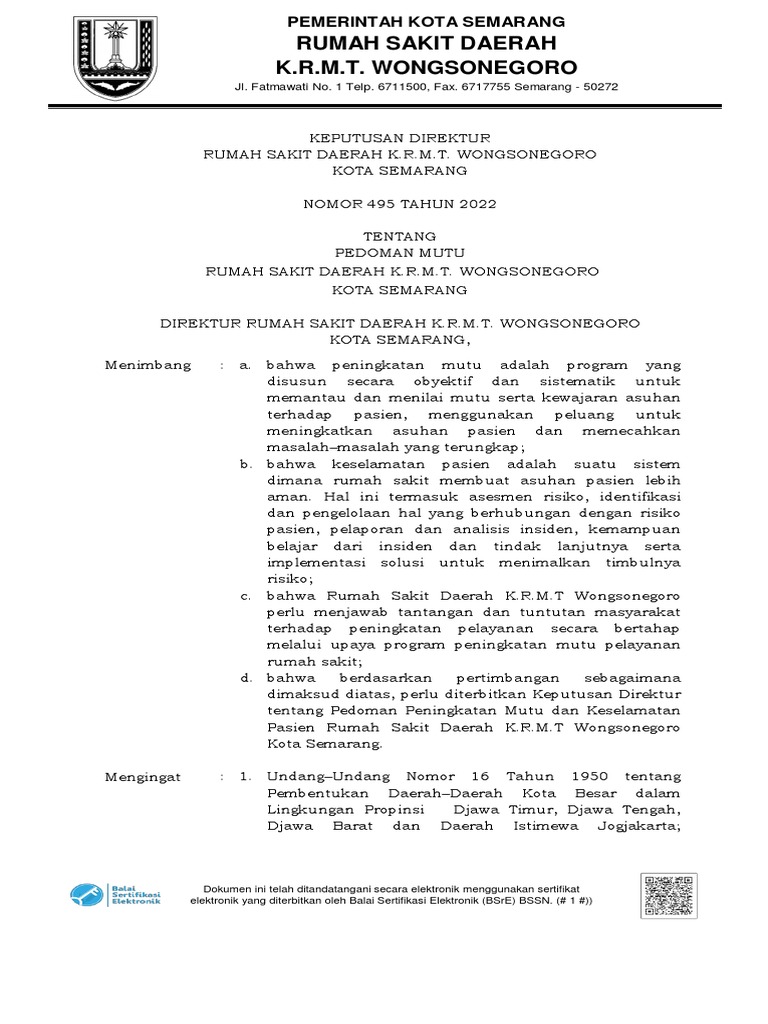 Pedoman Mutu RSD K.R.M.T. Wongsonegoro | PDF | Pengelolaan Keuangan & Uang