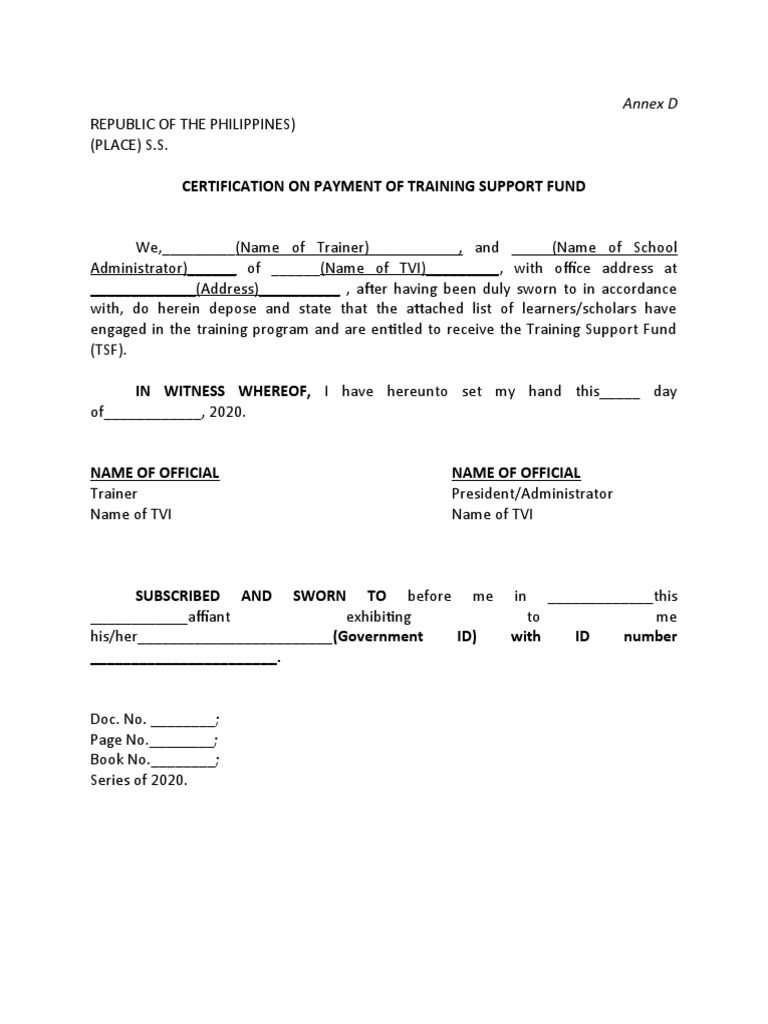 Annex D Certification On Payment of Training Support Fund | PDF