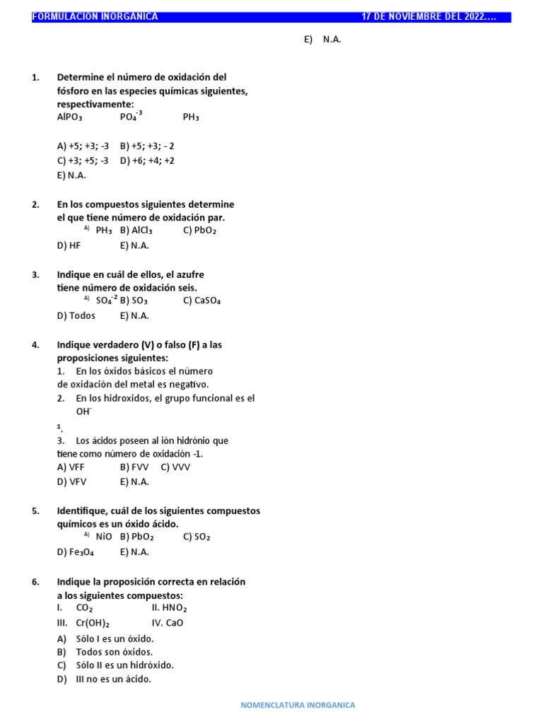Tarea - Nomenclatura Inorg. | PDF