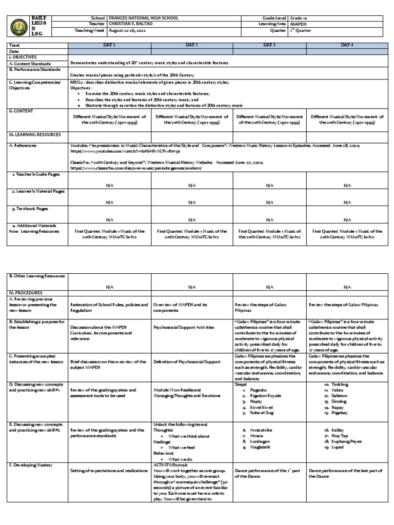 DLL Template MAPEH DEPT. Version 1 | PDF