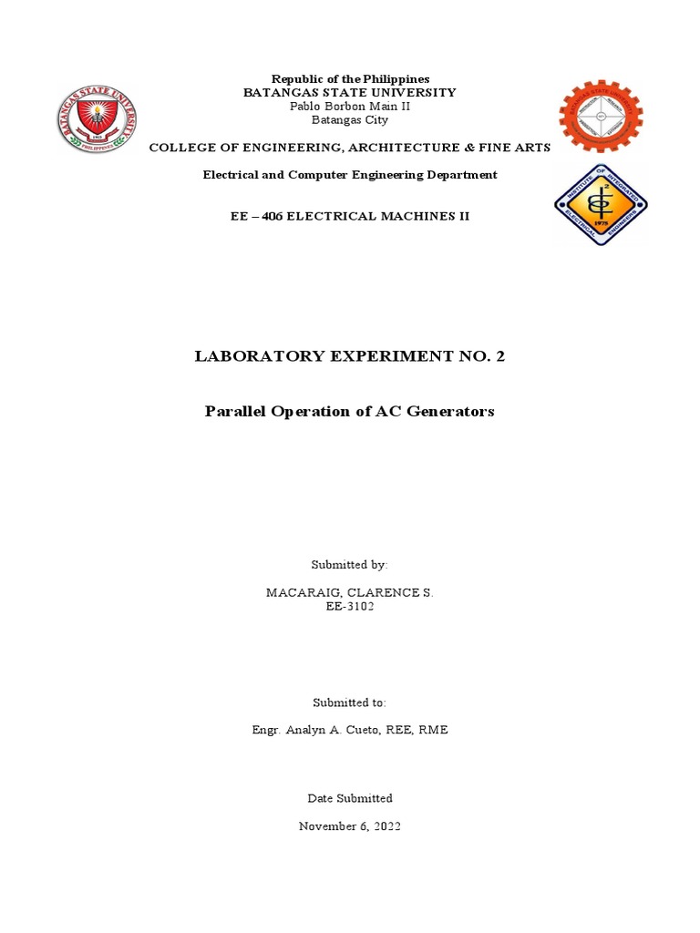 Laboratory Experiment No. 2 Parallel Operation of Ac Generators | PDF ...