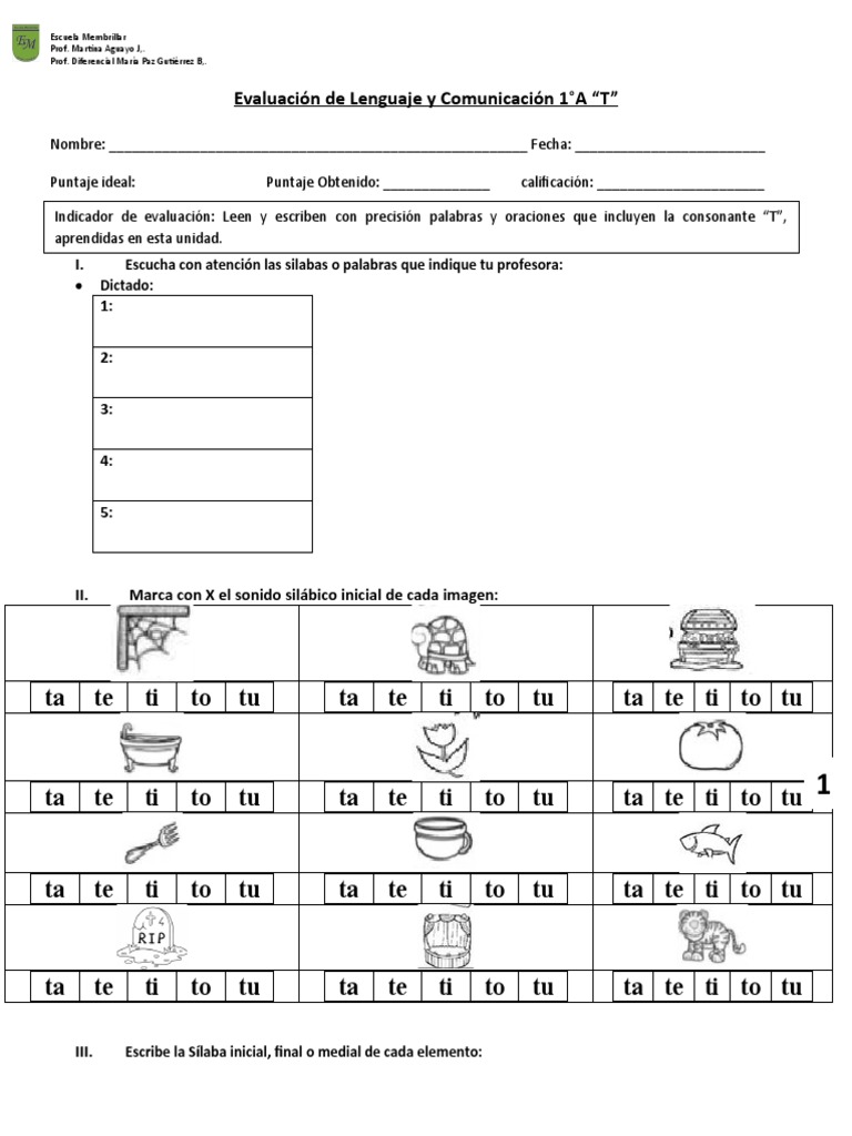 Evaluacion de Lenguaje Sonido Inicial, Medial y Final T | PDF ...