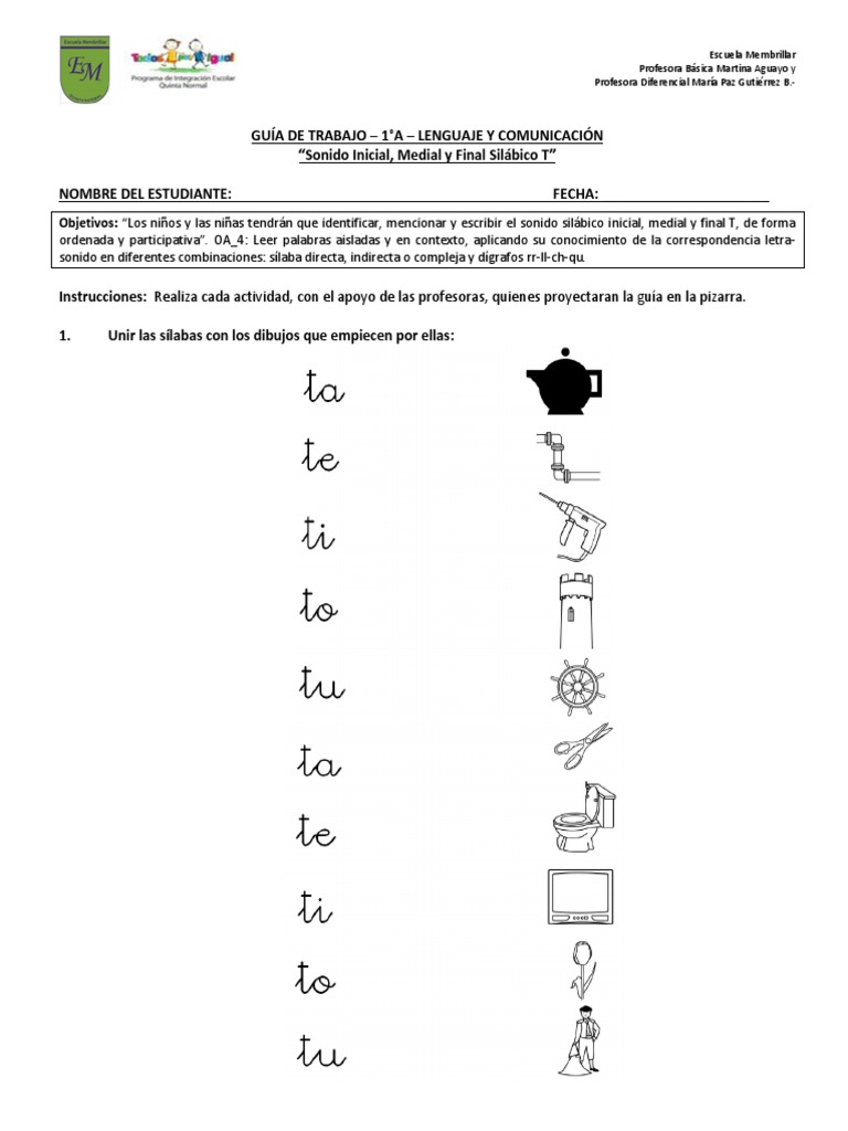 Guia 2 Sonido Inicial, Medial y Final Silábico T | PDF | Lingüística ...