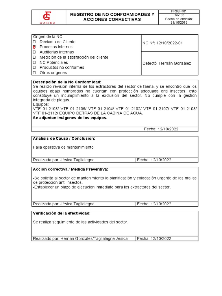 02 - Registro No Conformidad PR02-12-10-2022 Faena | PDF